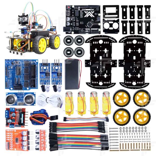 4WD Obstacle Avoiding Using Ultrasonic and IR Sensor Smart Robot Car Kit in black Acrylic with ...